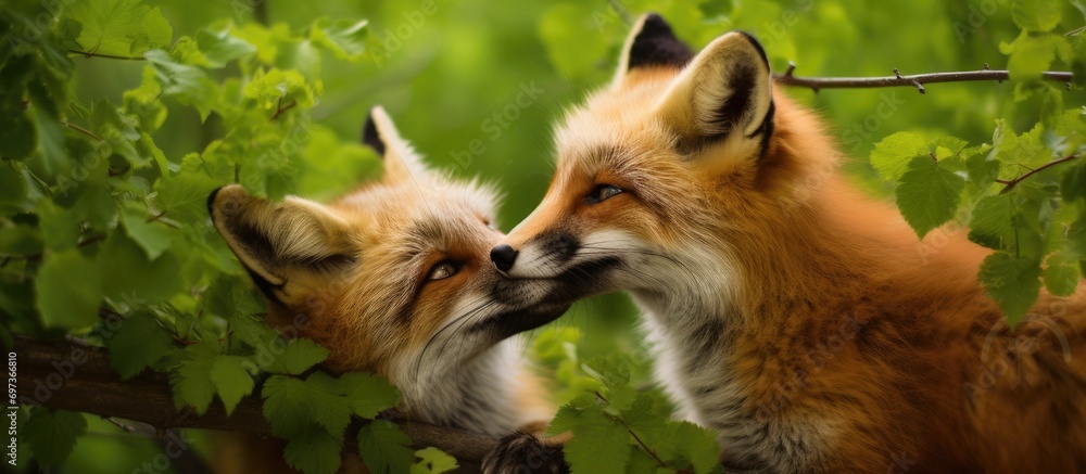 Red Fox licking mate's ear at brush edge in Rosetta McClain Gardens ...