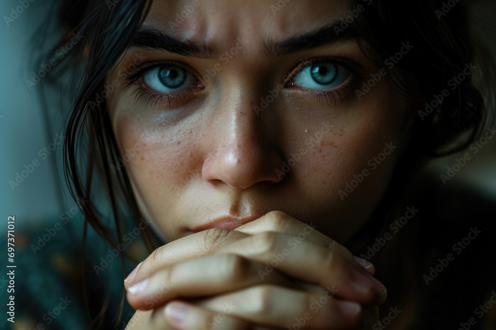 Sad depressed desperate grieving crying woman with folded hands and ...