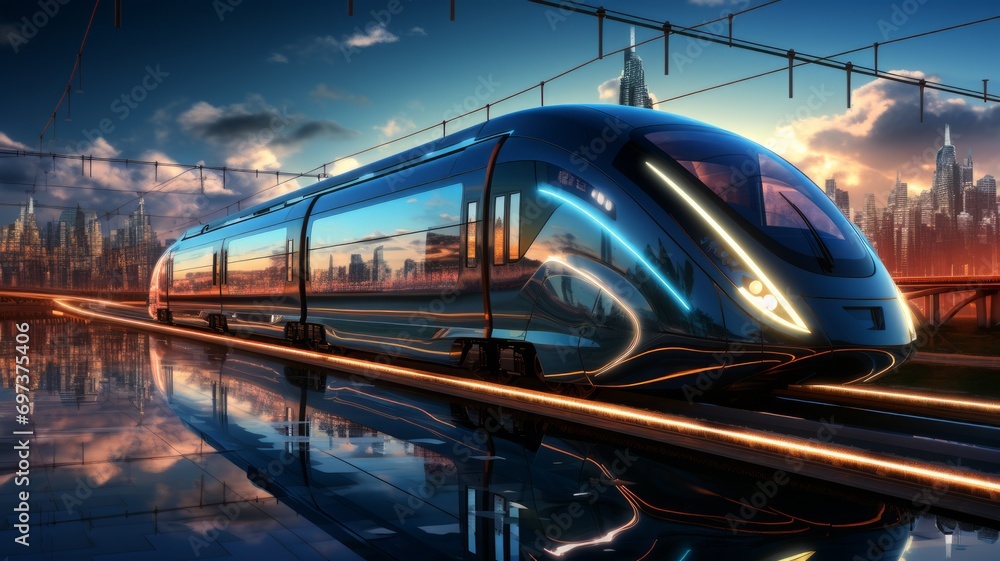 Night city street with illuminated buildings and public transport with ...