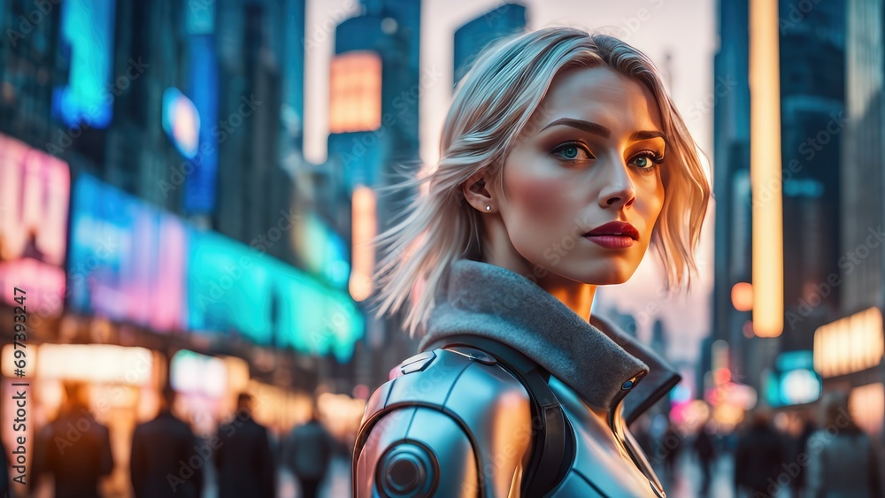 An android girl is walking down a city street. The concept of the world ...