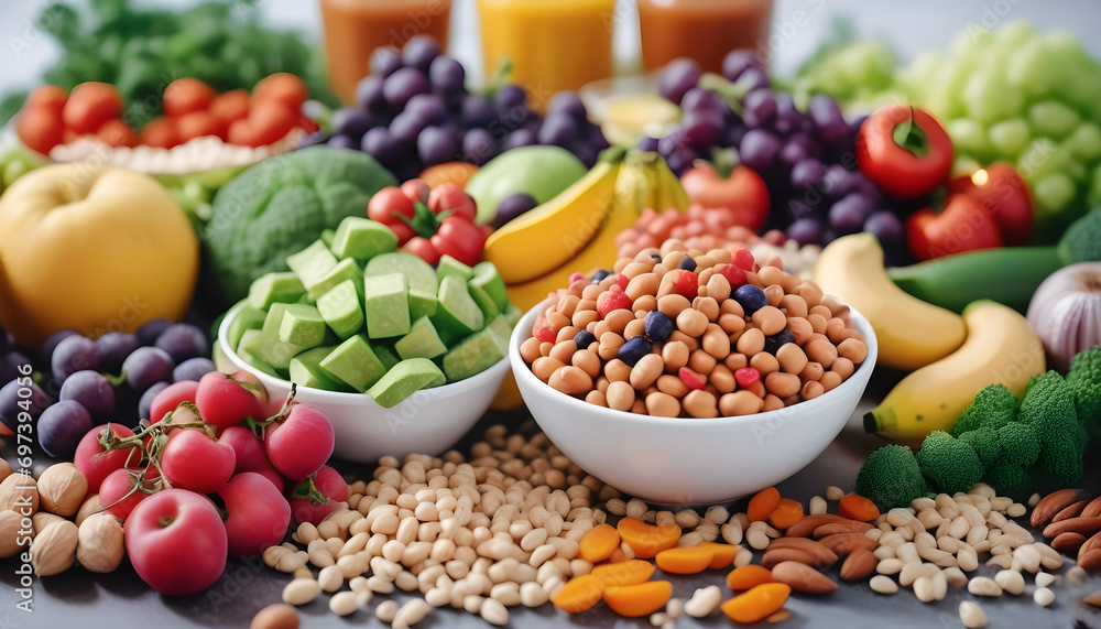 Health food for fitness concept with fruit, vegetables, pulses, herbs ...