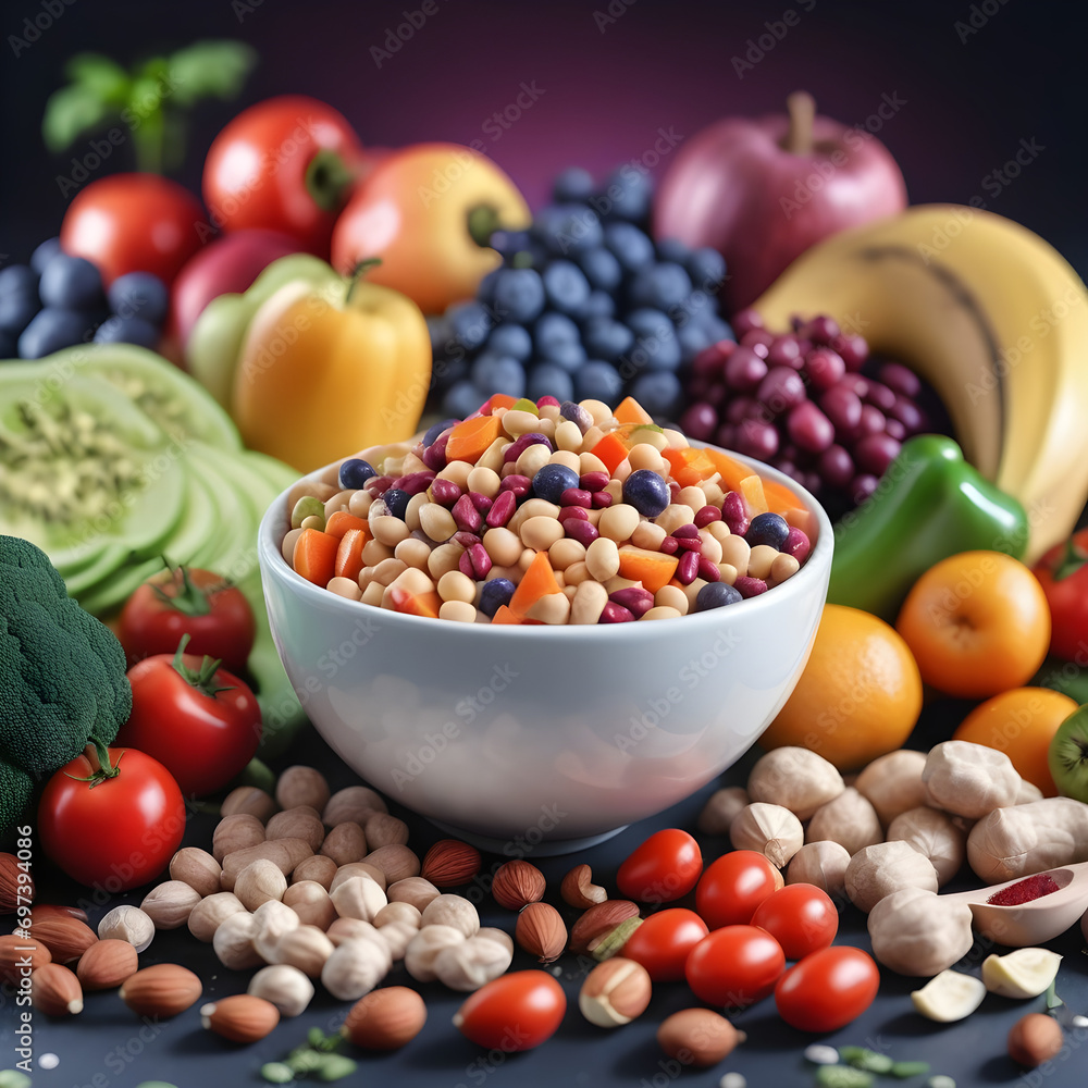 Health food for fitness concept with fruit, vegetables, pulses, herbs ...