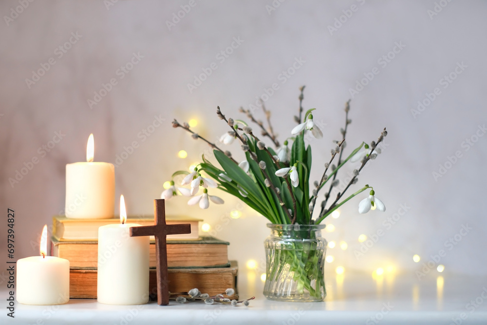 Bouquet of Snowdrop flowers with willow branches, christian cross ...