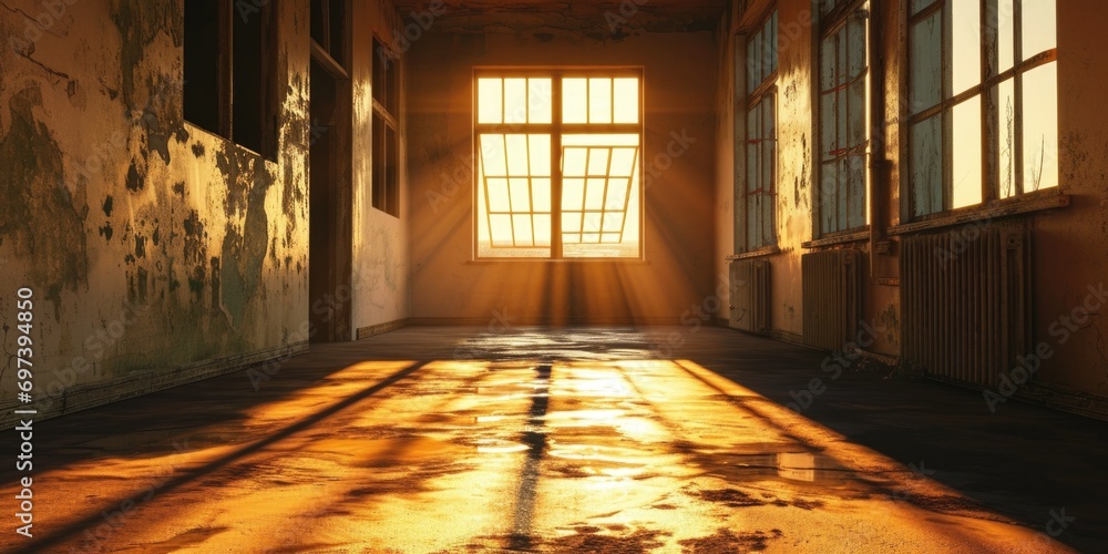Sunlight shining through a window in a dilapidated building. This image ...