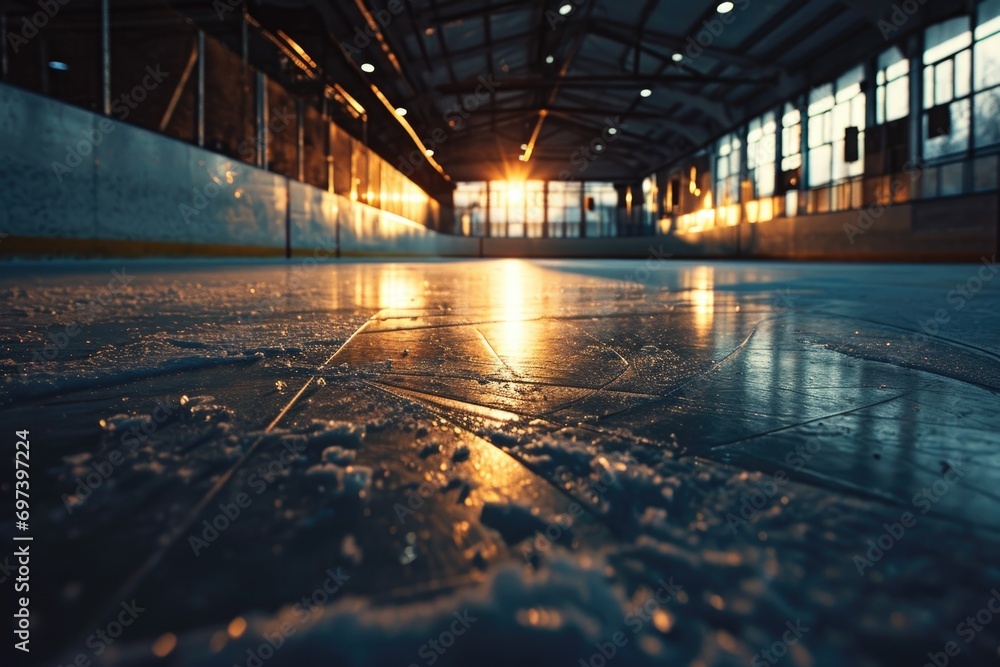 A wet floor in a building illuminated by a bright light. Suitable for ...