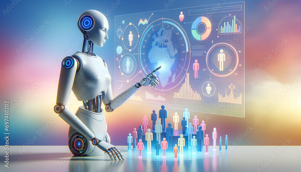 AI humanoid robot analyzing data charts and human silhouettes in HR ...