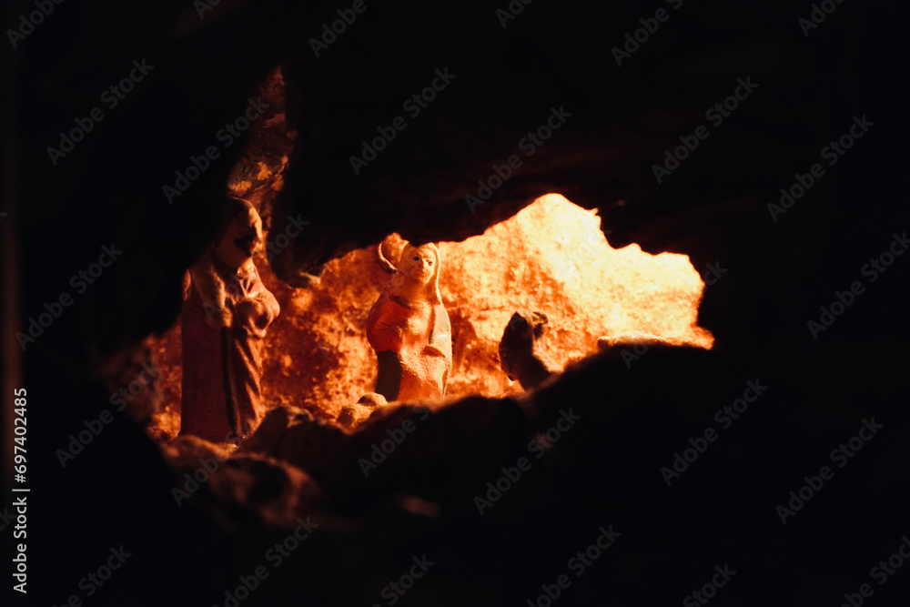 Christmas Nativity scene of the baby Jesus in the manger cave. Stock ...