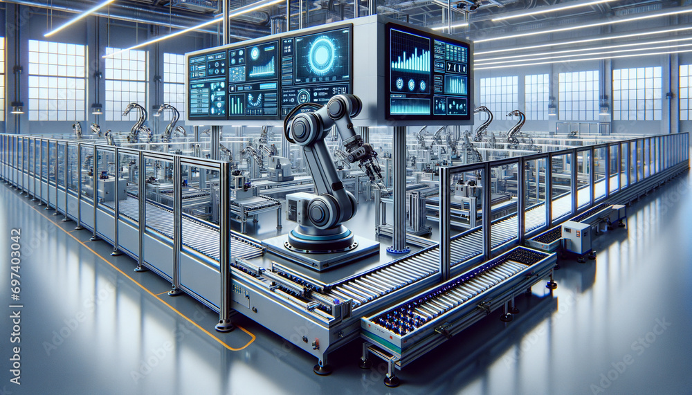 Modern smart manufacturing facility with retro 90s design, featuring ...