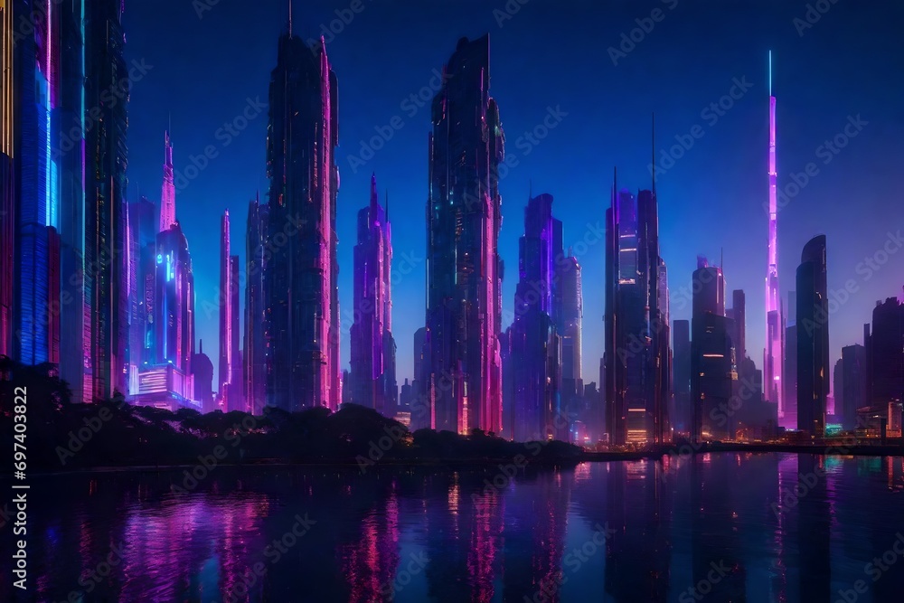 A futuristic cityscape at twilight, with towering skyscrapers aglow in ...