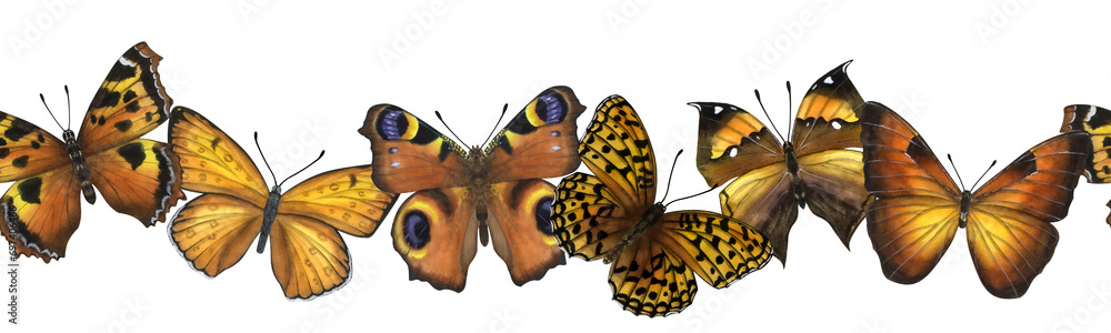 Seamless endless border beautiful butterflies, yellow orange. Hand ...