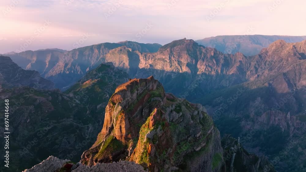 Top view of green mountain hills in the National Park of Madeira Island ...