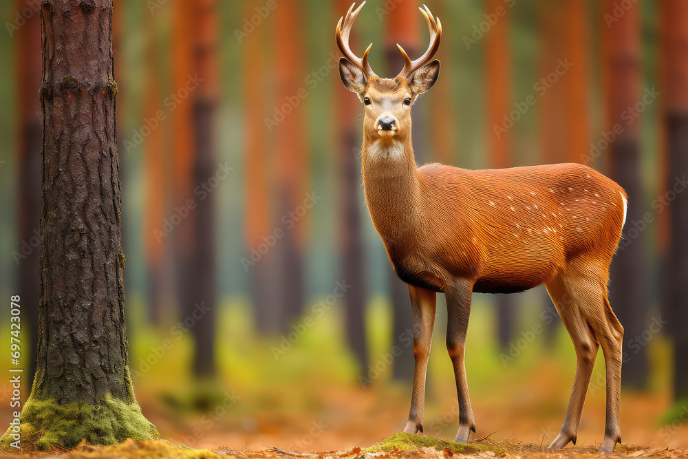 A tiny baby deer cautiously exploring the forest floor, its big eyes ...