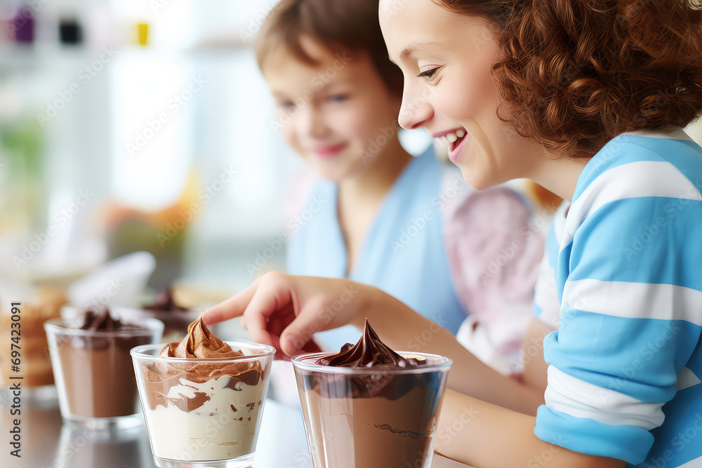 A happy family of five sharing a large ice cream sundae at home, with ...