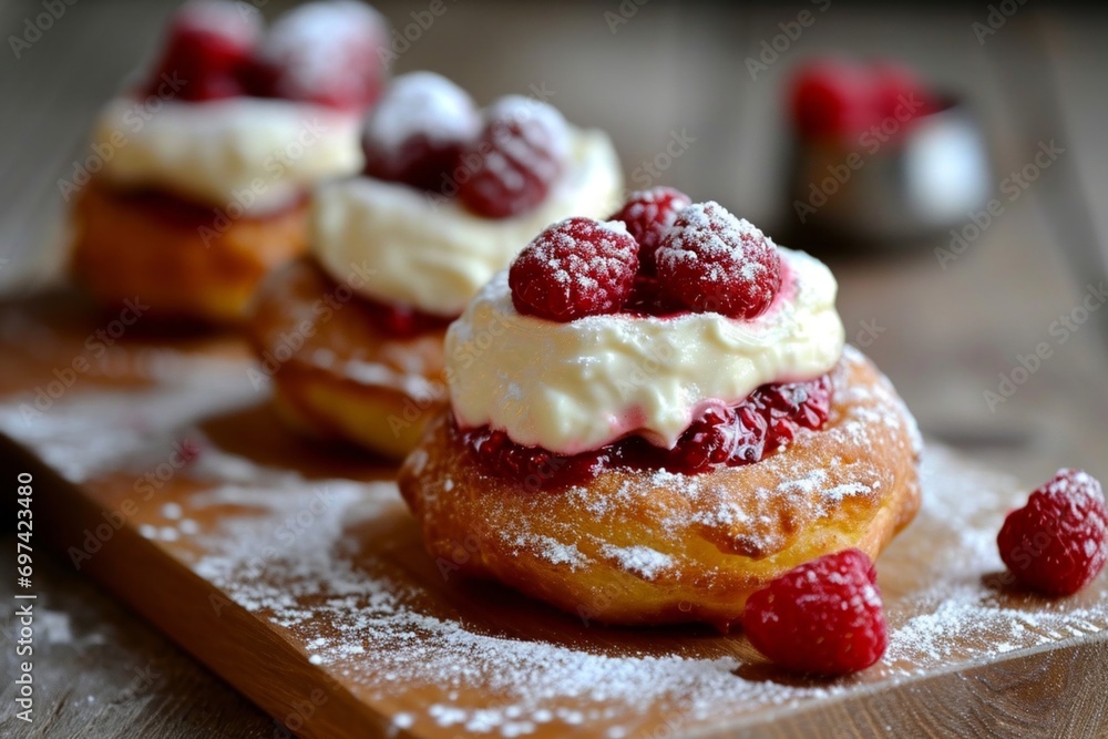 Un beignet rond fourré crème coco et enrobée de confiture de framboises ...