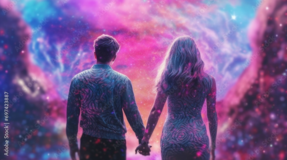 Two figures of man and woman holding hands on backdrop of cosmic energy ...