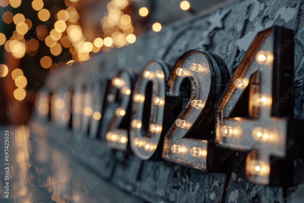 The year 2024 spelled out in vintage marquee lights, casting a warm ...