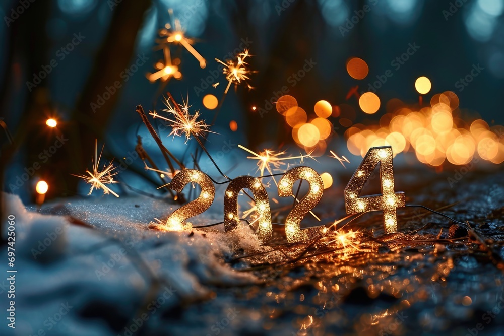Festive Countdown with Sparkling 2024 and Golden Light Orbs Stock Photo ...