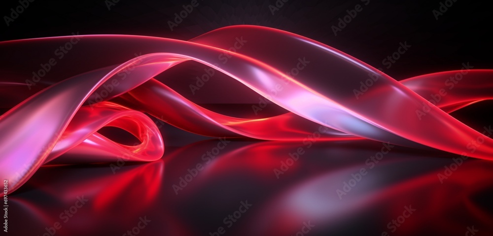 Neon light design with intertwining silver and red ribbons on a flowing ...