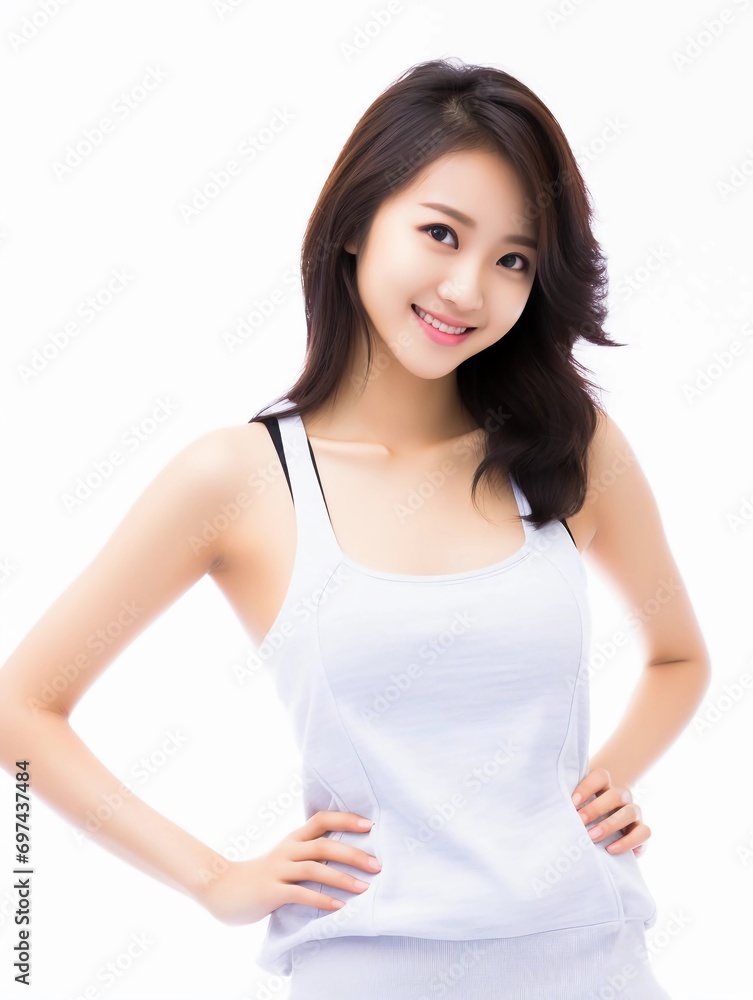 Beautiful Japanese female model with pure white skin, as a clothing model photo, beautiful smile ...