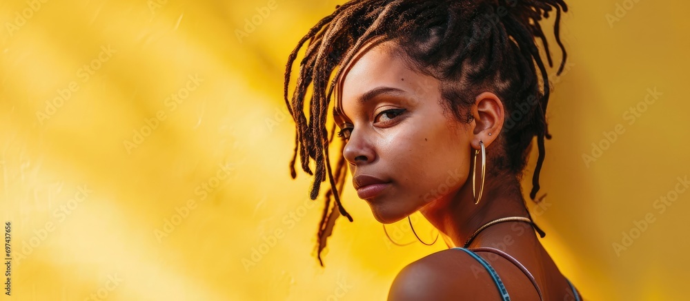 Confident woman with dreadlocks in relaxed pose, looking to the side ...