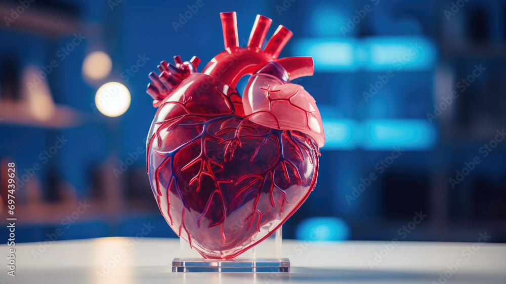 Anatomical model of a human heart displayed against a high-tech ...