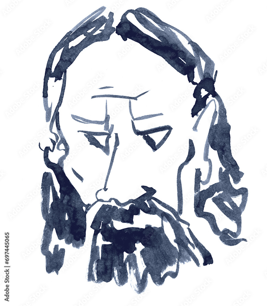 Portrait of a bearded man drawn in ink from life. Outline sketch ...