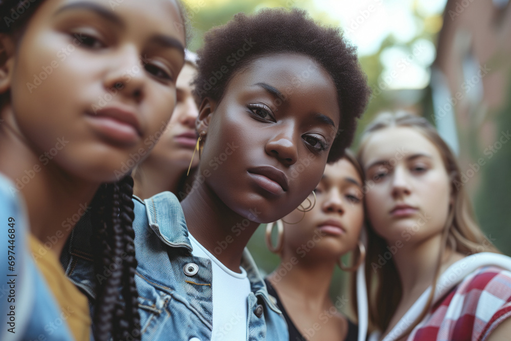 A multiracial group of self-assured teenage friends dressed casually ...