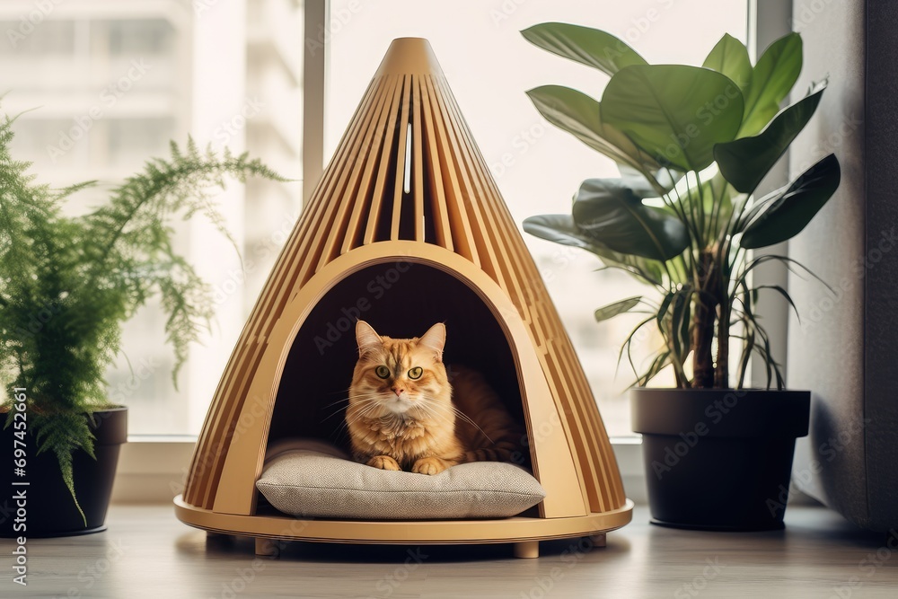 Cat in modern wooden cat house in living room. Light Scandinavian ...