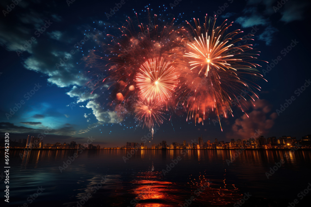 A single spark igniting a vibrant array of fireworks in the night sky ...