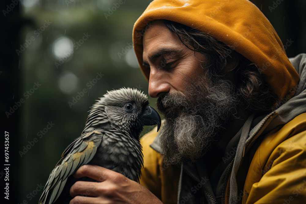 A curious parrot nestled on a shoulder as its owner enjoys a quiet ...