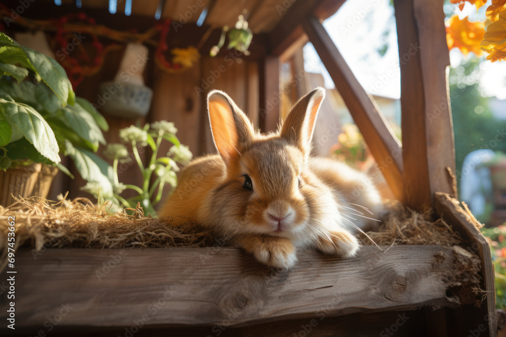 A gentle rabbit enjoying a quiet moment in a comfortable enclosure ...