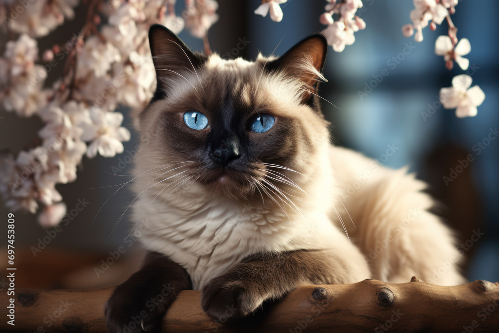 A majestic and regal-looking Siamese cat perched on a cat tree ...