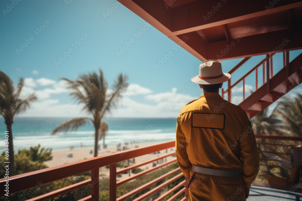 A lifeguard scanning the horizon from a watchtower, ready to respond to ...