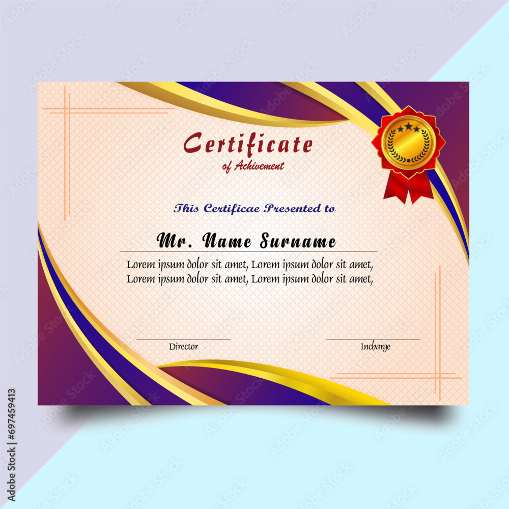 Certificate of achievement template set with gold badge and border ...