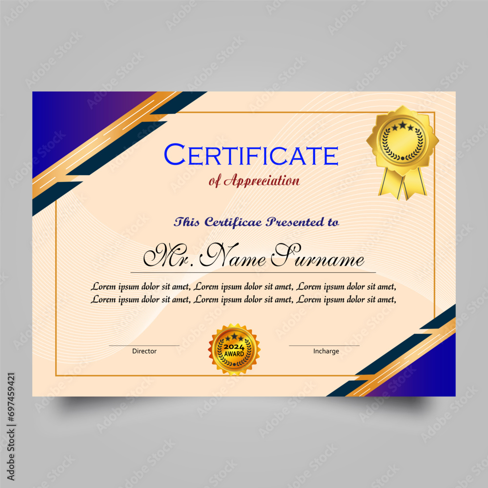 Certificate of achievement template set with gold badge and border ...