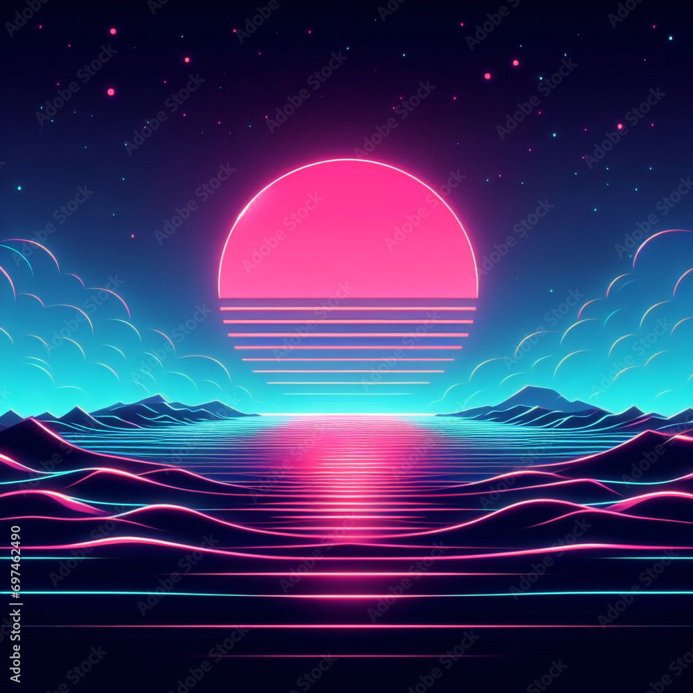 Retro futuristic synthwave retrowave styled night cityscape with sunset ...