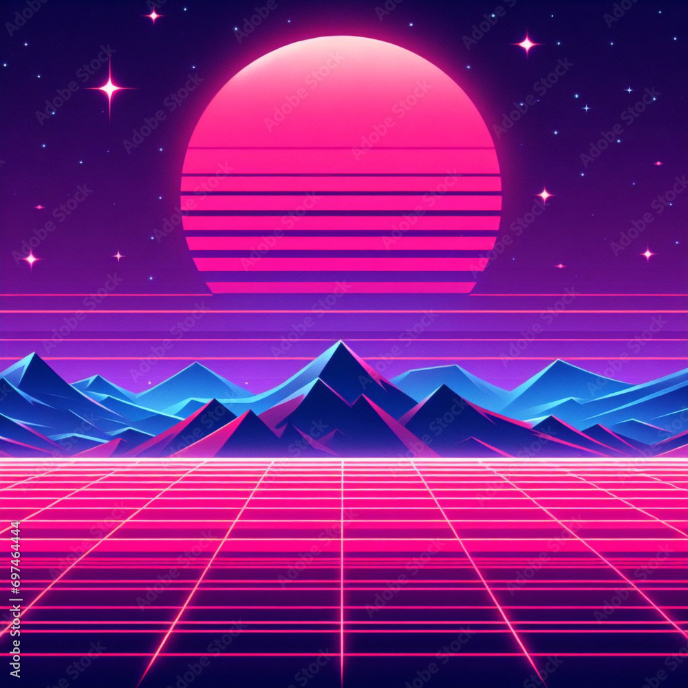80s retro futuristic sci-fi background. Retrowave VJ videogame ...