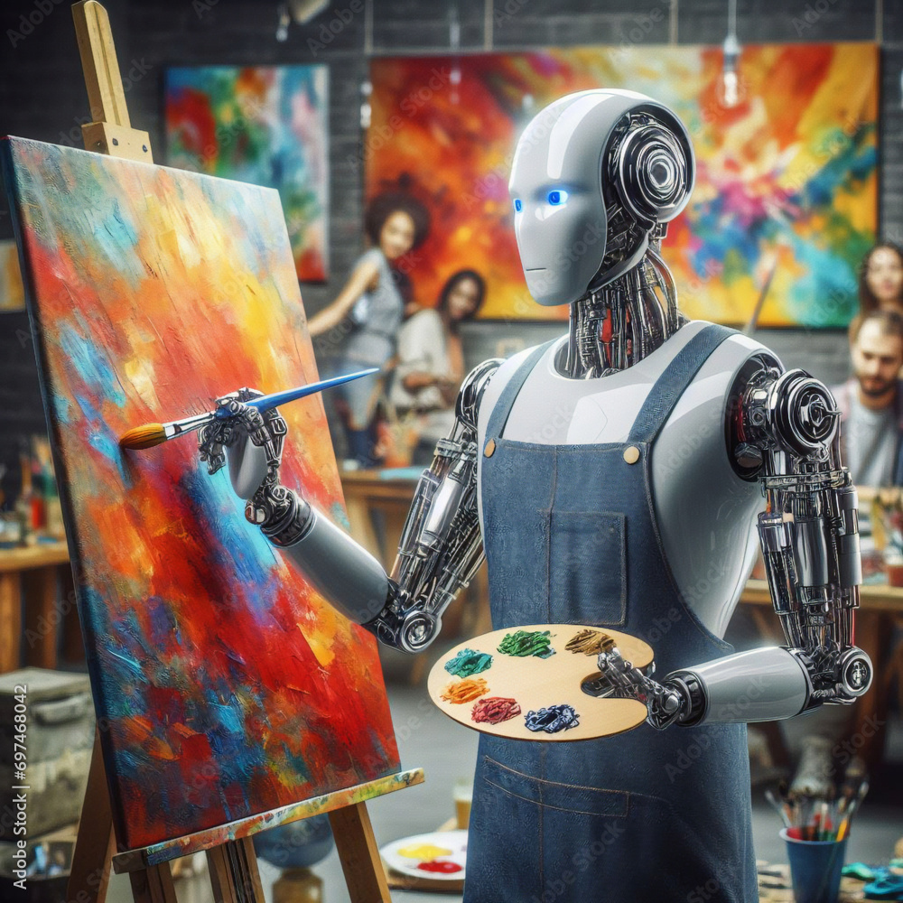 Humanoid robot artist painting a portrait on a canvas in an artist ...