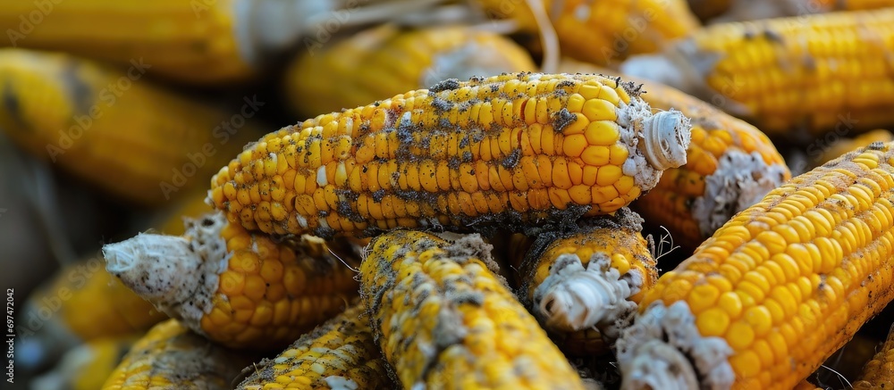 Moldy corn contaminated with aflatoxin during storage. Stock Photo | Adobe Stock