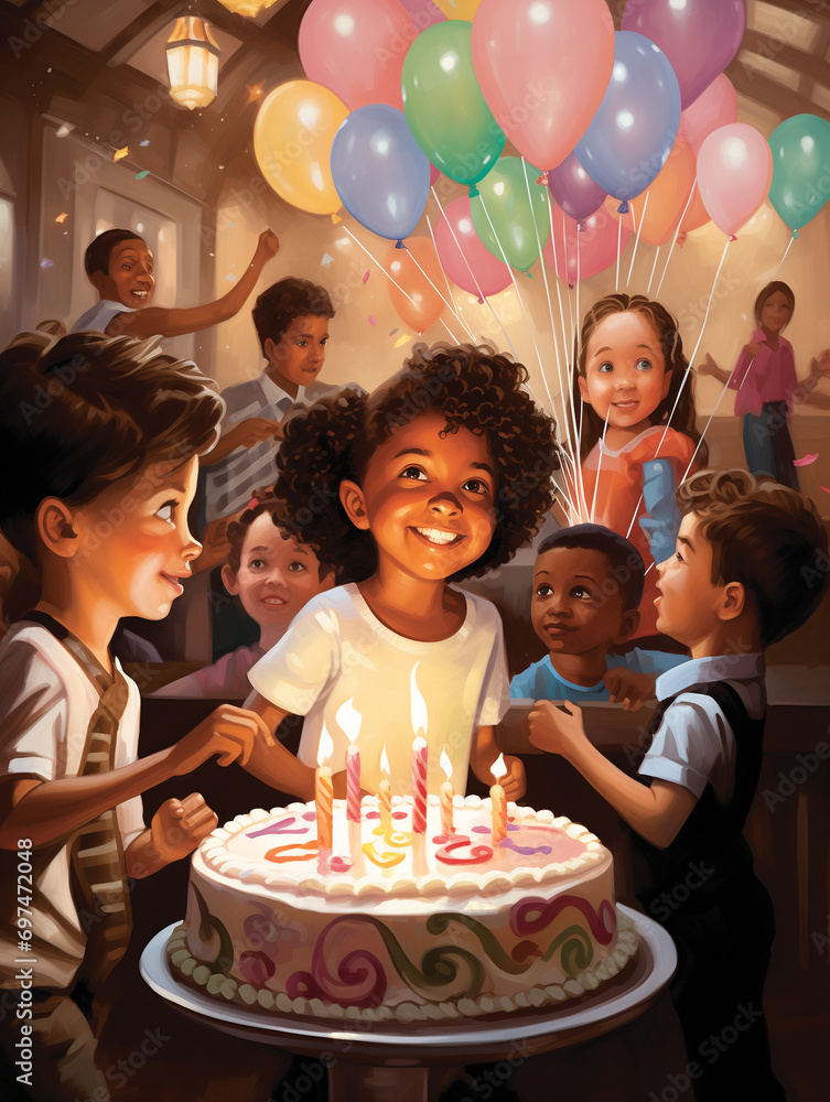 African American child with birthday cake, birthday party, kids ...
