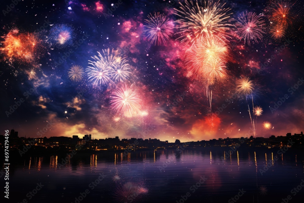 Colorful fireworks over night sky with reflection on water. New year ...
