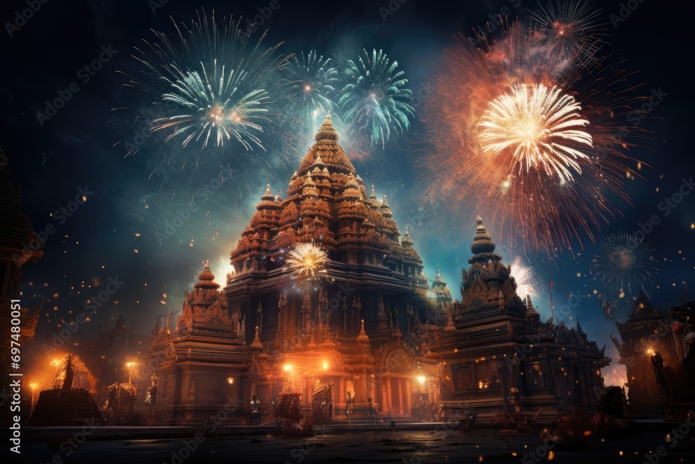 Fireworks over the hindu temple in Bagan, Myanmar, Fireworks above a ...