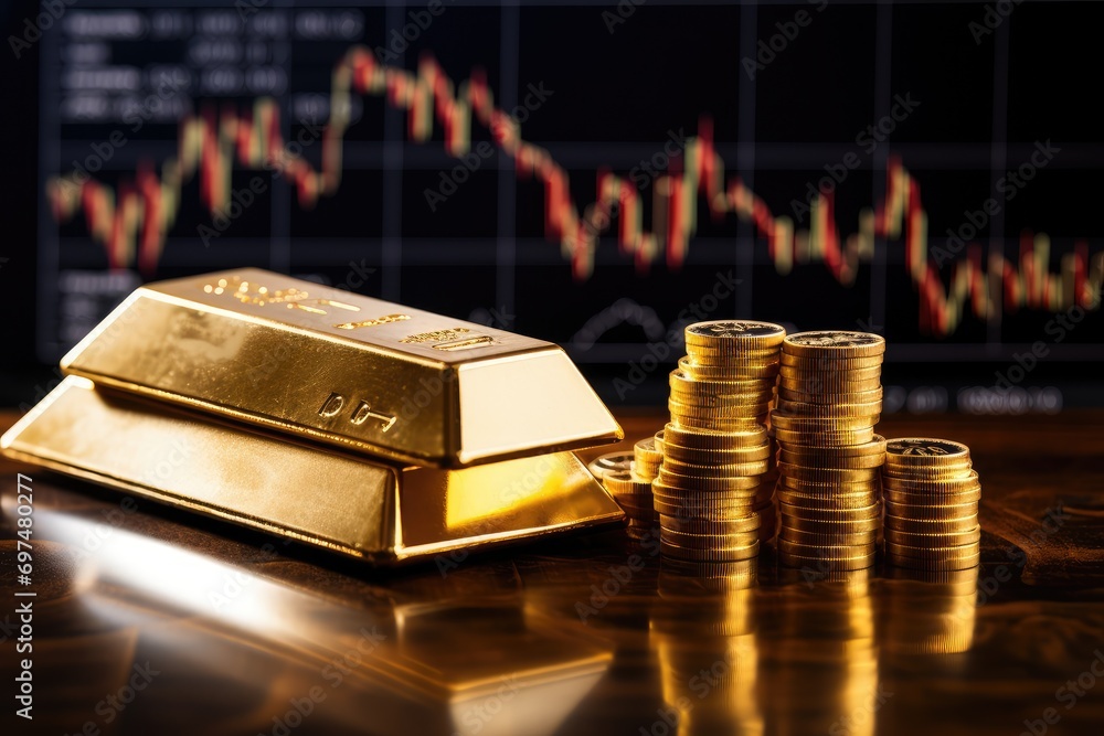 Gold bullion and gold bars on the background of the financial chart ...