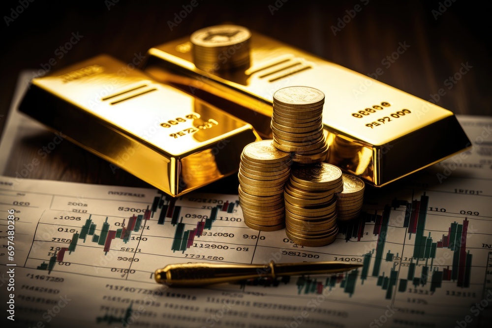 Gold bars and gold coins on the table with financial chart and graph ...