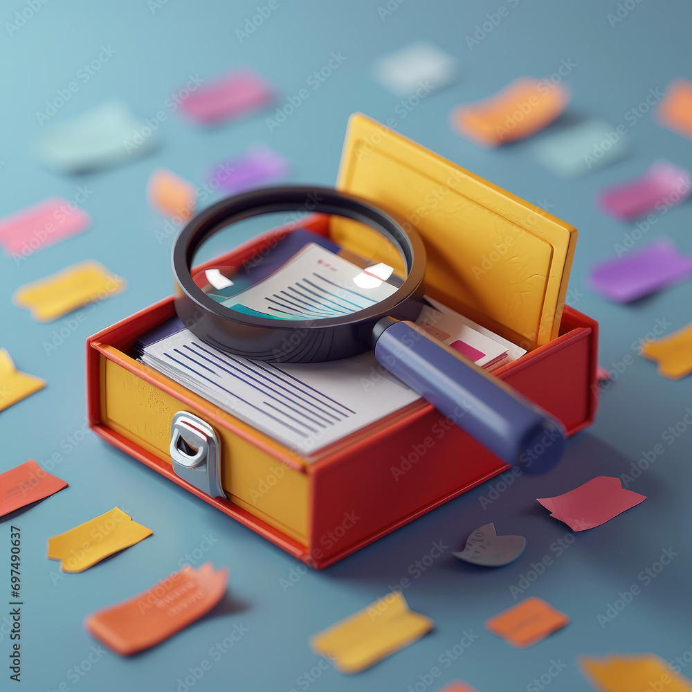 3d media file magnifying glass and book management soft minimal ...