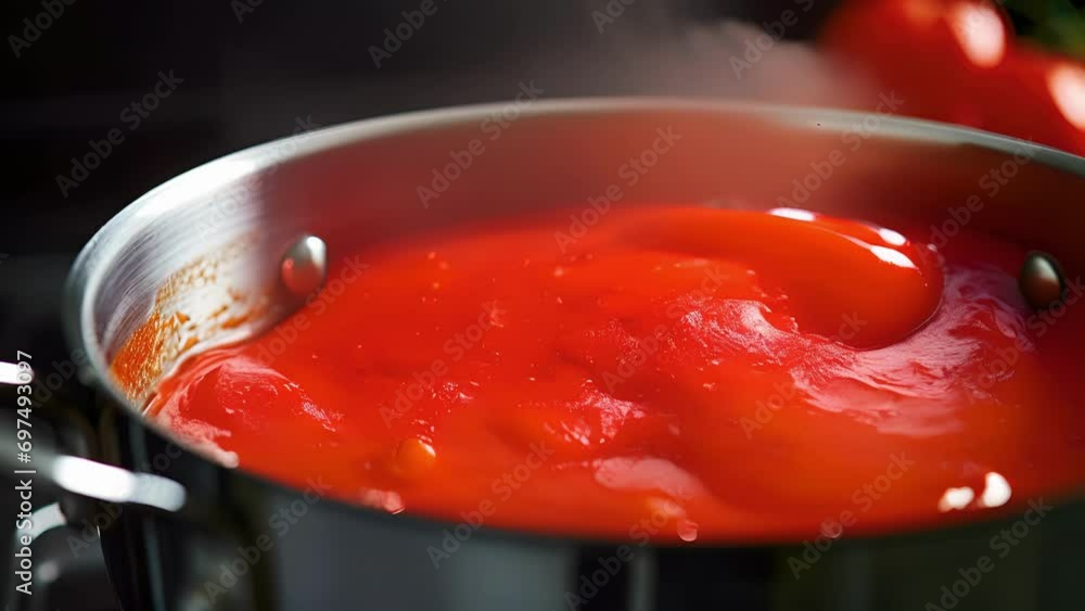 A bubbling pot of tomato sauce, showcasing the emulsification process ...