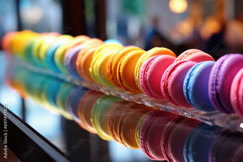 Colorful macaroons in a row on the counter of a cafe, A bursting ...