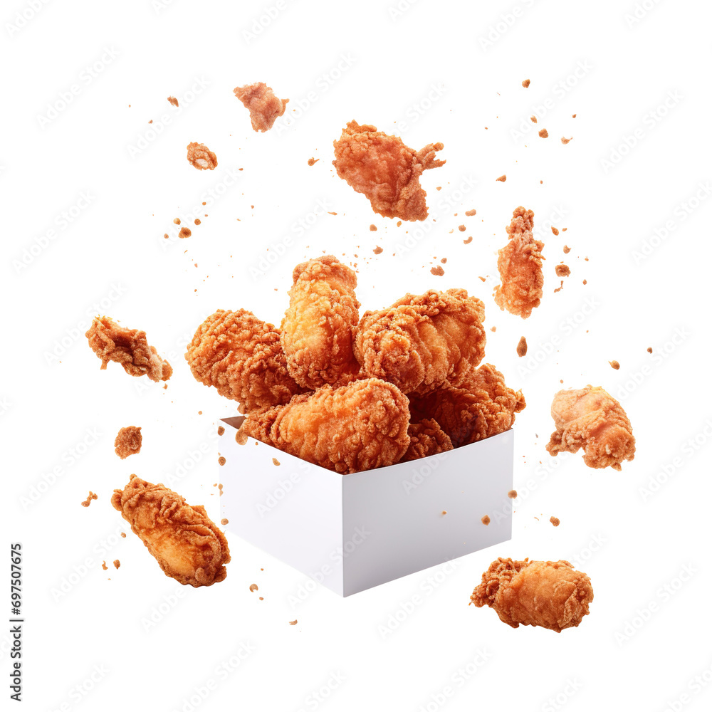 Fried chicken nuggets falling in the air isolated on transparent ...