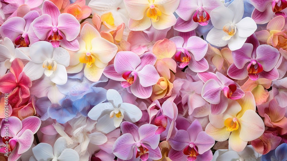 Colorful Orchids flowers bloom in a beautiful floral garden field with ...