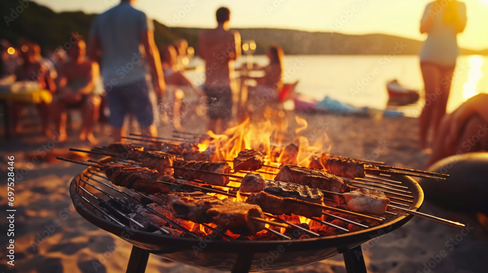 Barbecue party with people in the background, beach party, sea, grilled ...